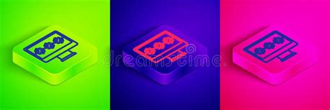 Isometric Line Monitor With Password Notification Icon Isolated On Green Blue And Pink