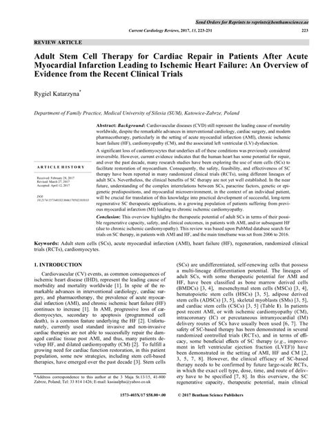 Pdf Adult Stem Cell Therapy For Cardiac Repair In Patients After