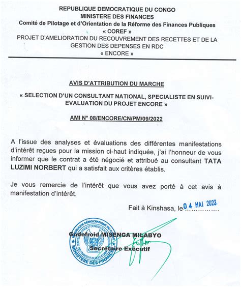 mediacongo net Offre d emploi ATTRIBUTION DU MARCHE Sélection d