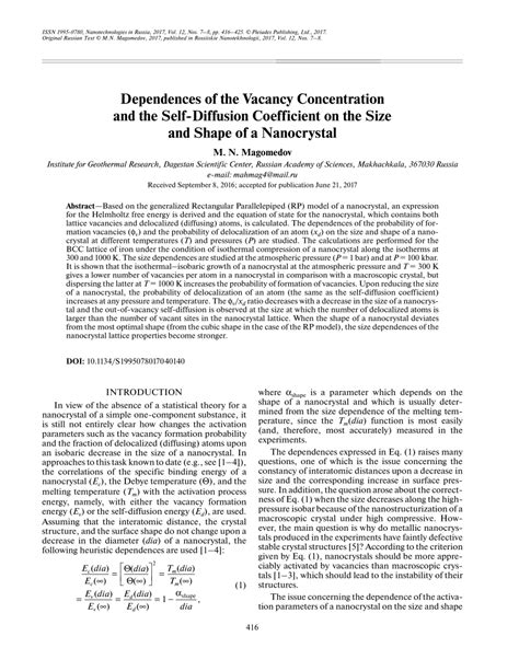 Pdf Dependences Of The Vacancy Concentration And The Self Diffusion