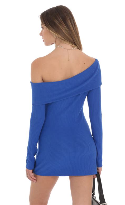 Ribbed Off Shoulder Dress In Blue Lucy In The Sky