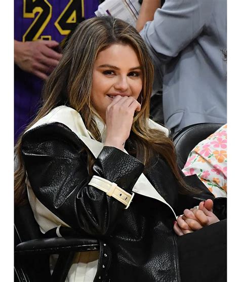 Selena Gomez Black And White Leather Coat