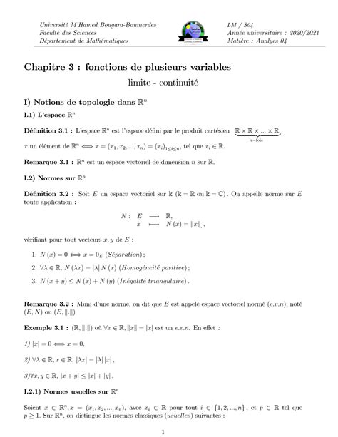 SOLUTION Analyse 4 Ch2 Fonctions De Plusieurs Variables Studypool