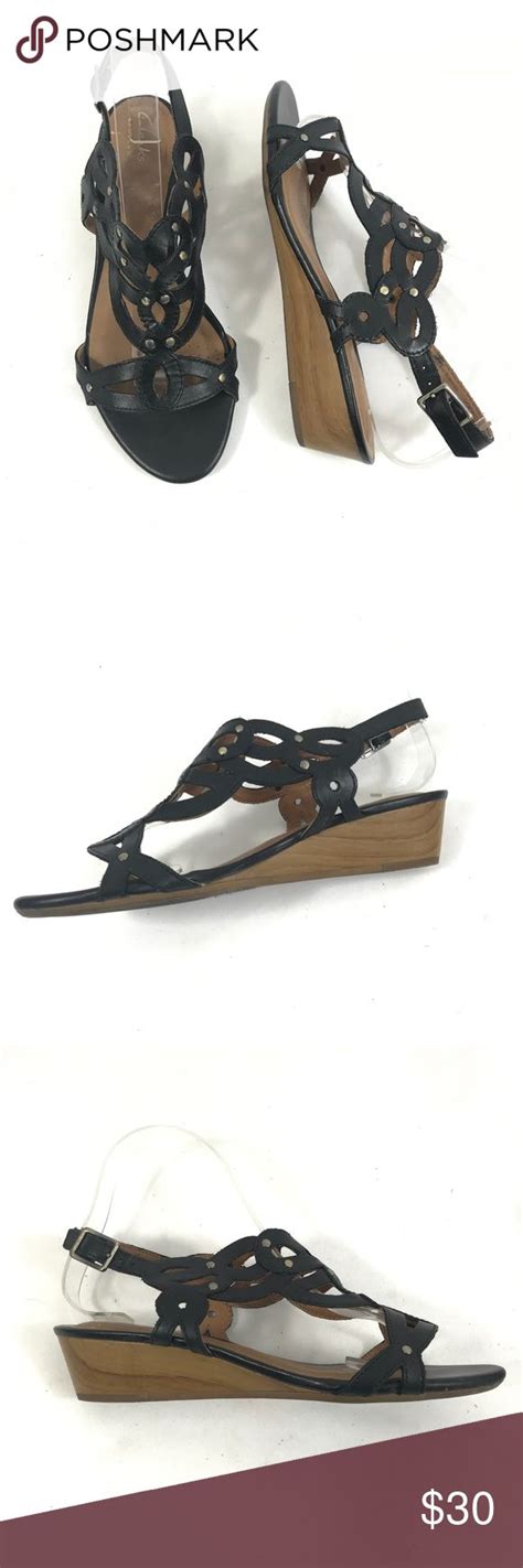 Clarks Playful Tunes Black Leather Wedge Sandals