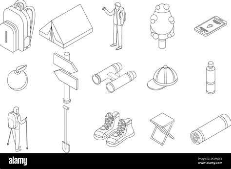 Hiking Icons Set Isometric Set Of Hiking Vector Icons Outline Thin Lne