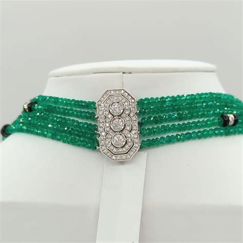 Colombian Emerald And White Diamond Bead Necklace In 18k White Gold For