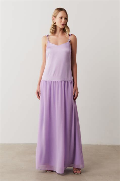 Vestido Longo Recorte de Chiffon e Cetim e Alça detalhes de laço Tailândia Lilás