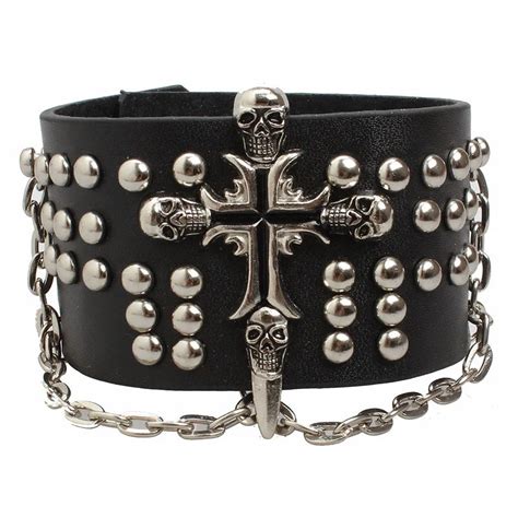 Vintage Men Bracelets Punk Rock Bracelet Skull Cross Rivet Chain