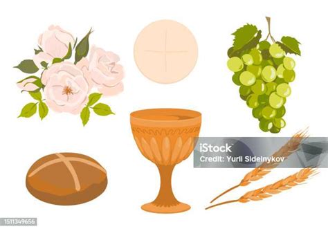 가톨릭 첫 영성체의 요소 벡터 집합입니다 와인 빵 와인 포도 흰 장미를 위한 황금 그릇 아름다운 초대장 디자인을 위한 요소