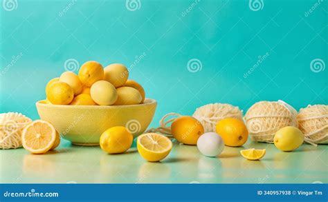 Yellow Lemons And Yarn Balls On A Blue Background Stock Illustration