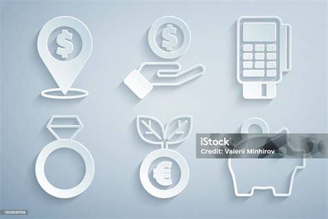 세트 유로 공장 신용 카드와 Pos 터미널 다이아몬드 약혼 반지 돼지 저금통 손 주는 돈과 현금 위치 아이콘 벡터 3차원 형태에 대한 스톡 벡터 아트 및 기타 이미지