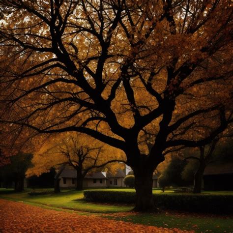 Un árbol con hojas de naranja en un parque con casas al fondo Foto