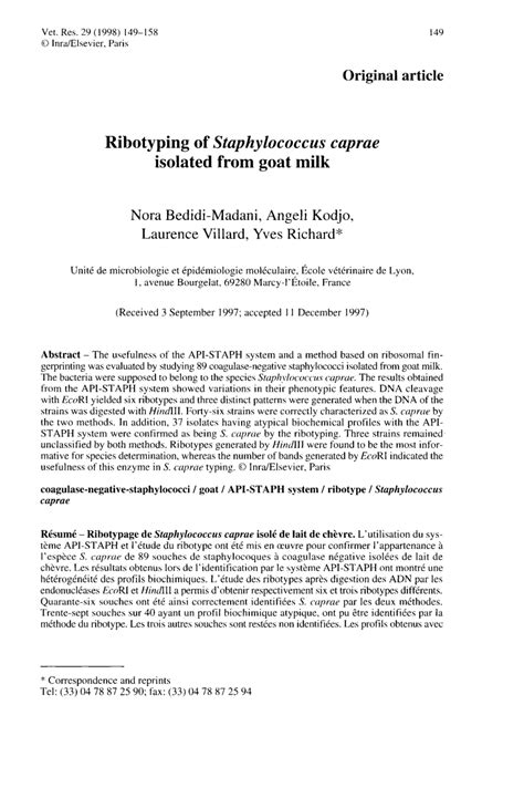 Pdf Ribotyping Of Staphylococcus Caprae Isolated From Goat Milk