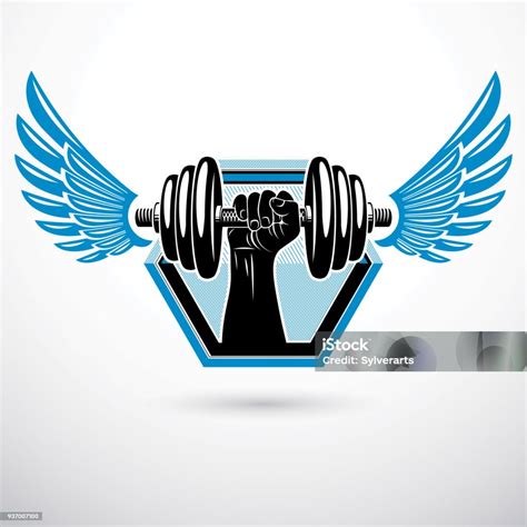 벡터는 일러스트 레이 션 보디 빌딩 근육 팔 아령을 들고 날개 파워 리프팅 하 고 크로스 맞는 Championship에 대한 스톡 벡터 아트 및 기타 이미지 Istock