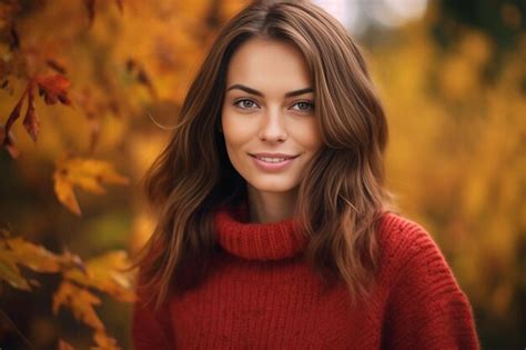 Premium Photo Portrait Of Pretty Young Brunette Girl In Red Autumn