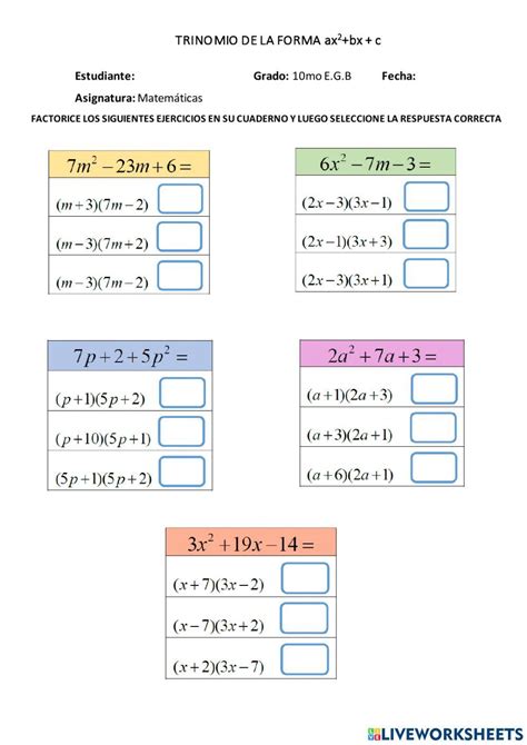 Trinomio De La Forma Ax2bxc Online Exercise For Live Worksheets