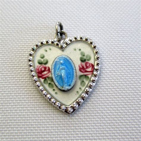 Vintage Heart Miraculous Medal Enamel Sterling Silver Pendant Etsy