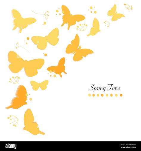Yellow Butterflies Design And Abstract Flowers Spring Time Greeting Card Vector Background Stock