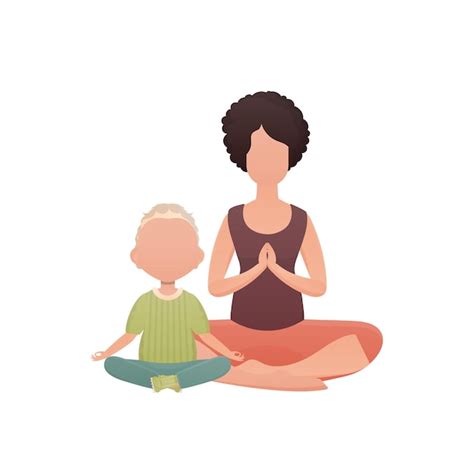 Maman Et Son Fils Sont Assis Dans La Position Du Lotus Style De Dessin
