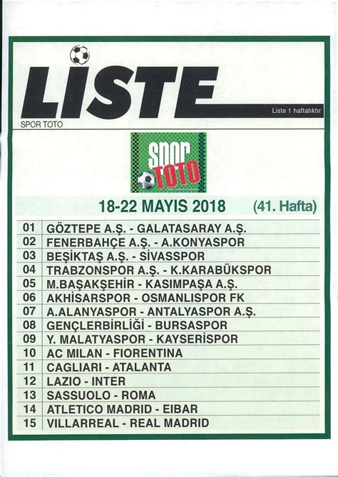 41 Hafta Spor Toto Listesi 18 22 Mayıs 2018 Sportrendy