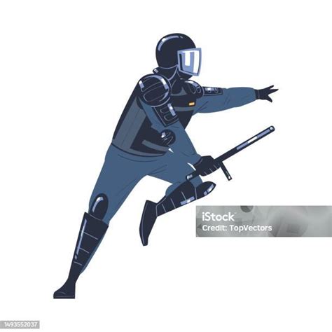 Riot Police Officer And Squad Member In Uniform And Helmet With Baton