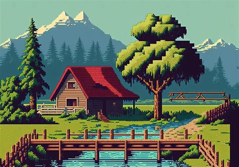 Premium AI Image Pixel Art Countryside Field With House Wooden Bridge