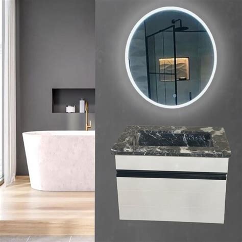 خرید و قیمت روشویی کابینتی سفید دیواری با سنگ مشکی شیبدار سیفون مخفی همراه آینه بک لایت گرد پس