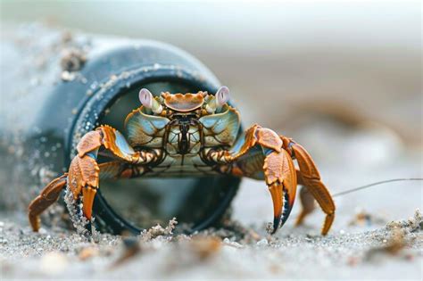 Premium Photo Crab Crawling From A Plastic Bottle Left On A Polluted Beach