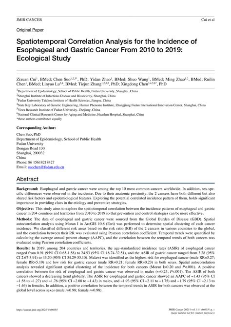 Pdf Spatiotemporal Correlation Analysis For The Incidence Of Esophageal And Gastric Cancer