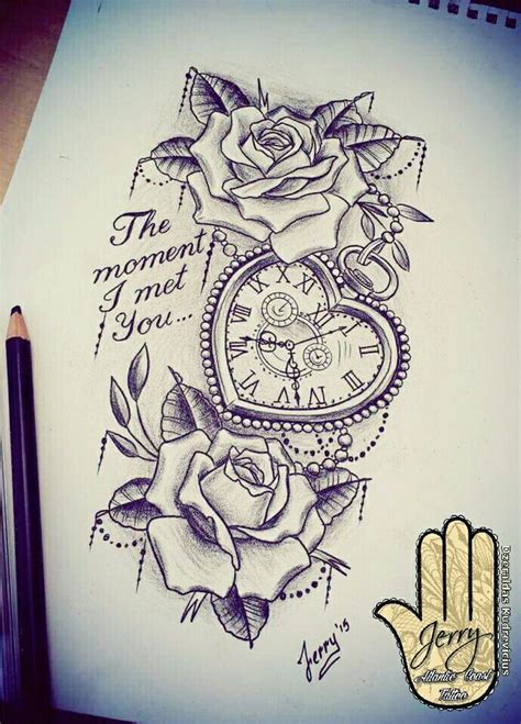 Heart Shaped Pocket Watch With Rose Tattoo Design Idea Lace And