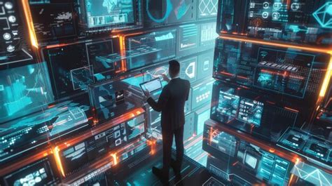 Businessman In Suit Standing In Front Of Computer Screen Premium Ai