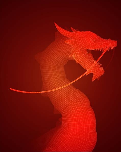 3d 다각형 스타일의 빨간색 배경에 벡터 긴 용 뱀 프리미엄 벡터