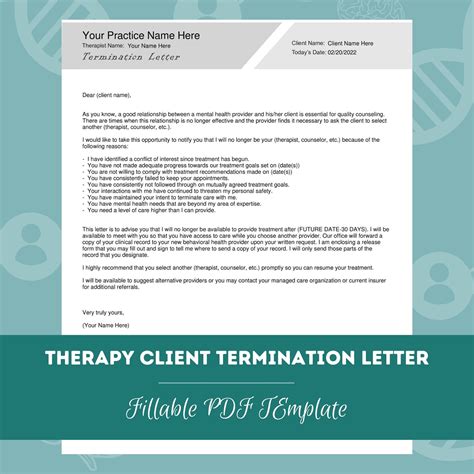 Therapy Client Termination Letter Editable Fillable Pdf Template