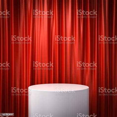 빈 흰색 연단 받침대 또는 희미한 그림자 최소 개념 3d 렌더링으로 빨간색 커튼 배경에 격리 된 제품 플랫폼 커튼에 대한 스톡