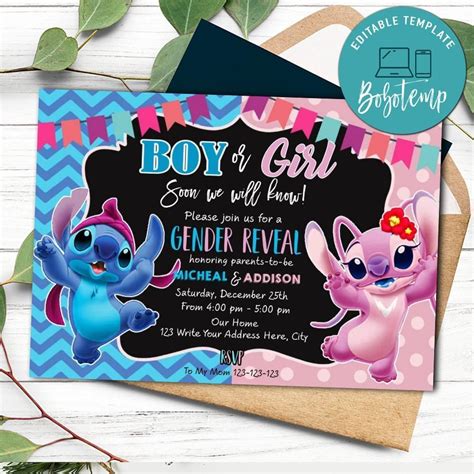Stitch And Angel Gender Reveal Invitation Printable DIY Bobotemp