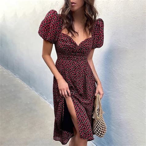 Dressbetty Women Elegant Floral Print Summer Dress V Neck Puff Sleev