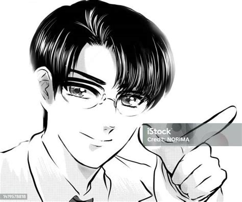 흑백 일러스트 레이 션 건강 검진 중 미소로 환자에게 조언과 격려를하는 잘 생긴 스펙터클 한 의사의 일본 만화 인물 사진에 대한