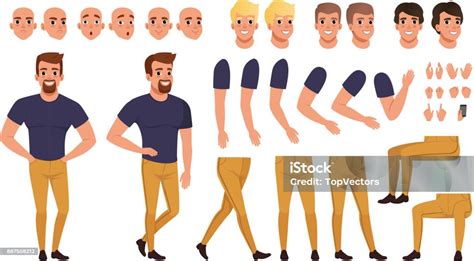 英俊的男人創造了各種不同的觀點姿勢面部表情髮型和手勢卡通男性角色構造孤立平面向量向量圖形及更多t恤圖片 T恤 人 人手 Istock