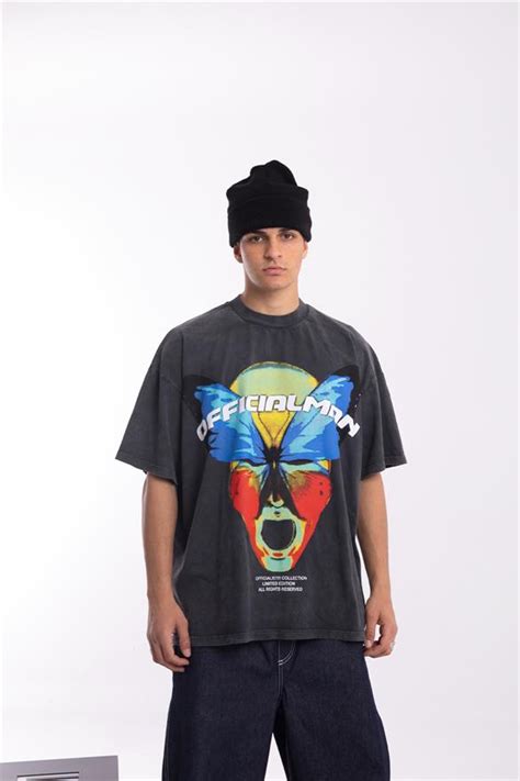 Acid Wash Official Butterfly Baskılı Acid Wash Oversize Tişört Flaw Wear