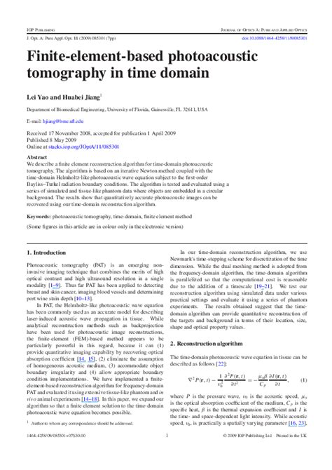 Pdf Finite Element Based Photoacoustic Tomography Phantom And Chicken Bone Experiments