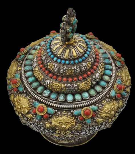 Parcel Gilt Silver Vase Of Immortality With Coral And Turquoise Cabochons