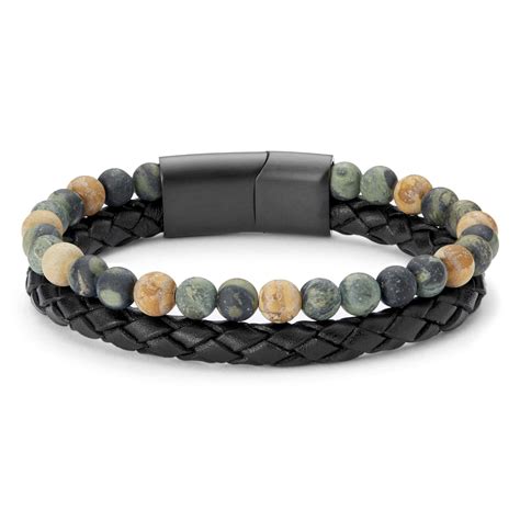 Icon Black Leather And Green Stone Double Bracelet In Stock Lucleon