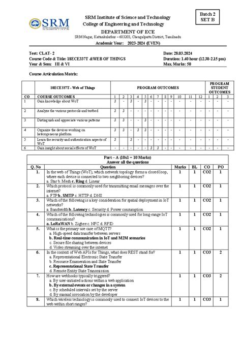 Ct2 Answer Key Set B Srm Institute Of Science And Technology College Of Engineering And