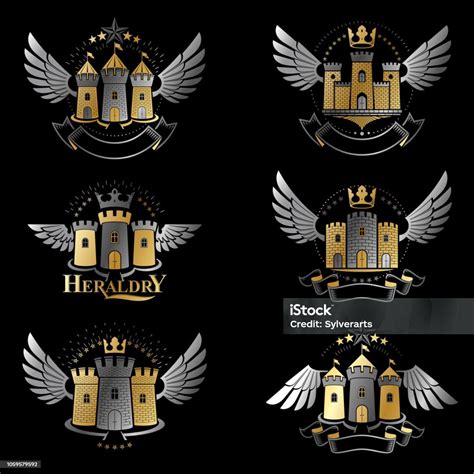 고 대 요새 엠 블 럼 세트입니다 전 령 벡터 디자인 요소 컬렉션입니다 레트로 스타일 레이블 문장 학 로고입니다 0명에 대한 스톡 벡터 아트 및 기타 이미지 Istock