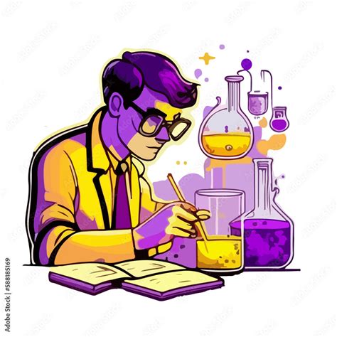 Cartoon Drawing Of A Male Chemist Sitting At Work Against The
