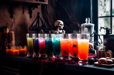 Premium Ai Image Halloween Poison Drinks Glasses Soda Candy Generate Ai