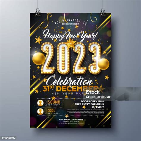 2023 신년 파티 축하 포스터 템플릿 일러스트 레이 션에는 조명 전구 번호와 검은색 배경에 금색 크리스마스 공이 있습니다 벡터