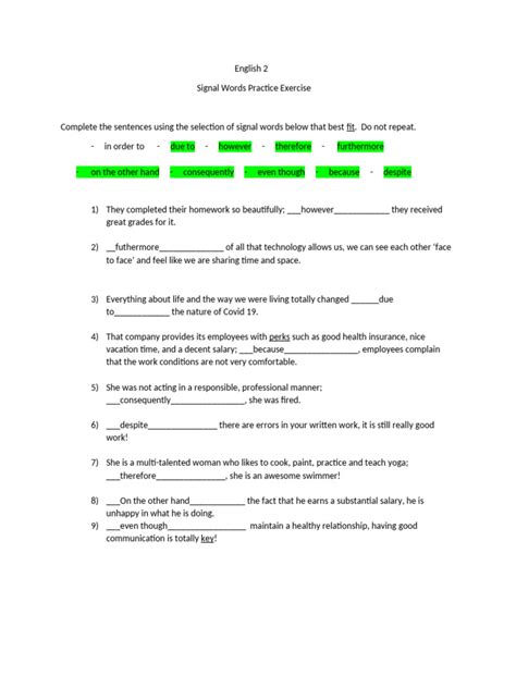 303 Signal Words Practice Exercise Pdf