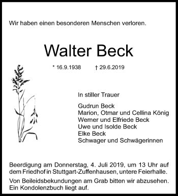 Traueranzeigen Von Walter Beck Stuttgart Gedenkt De