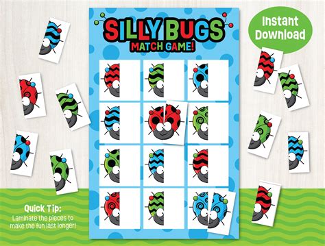 Cute Bug Match Game Printable Instant Download Matching Card Game